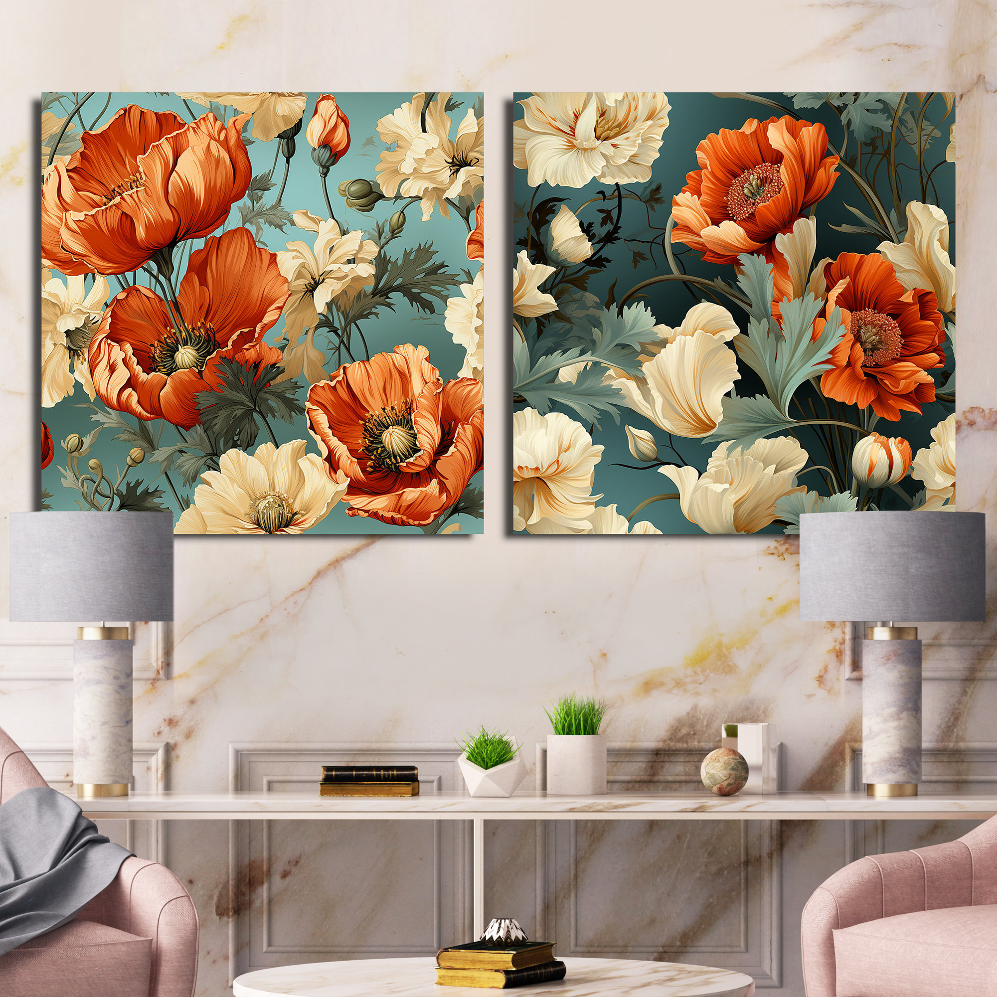 Design Art Coral And Beige Poppy Bliss Meadow - Floral Square Collage ...