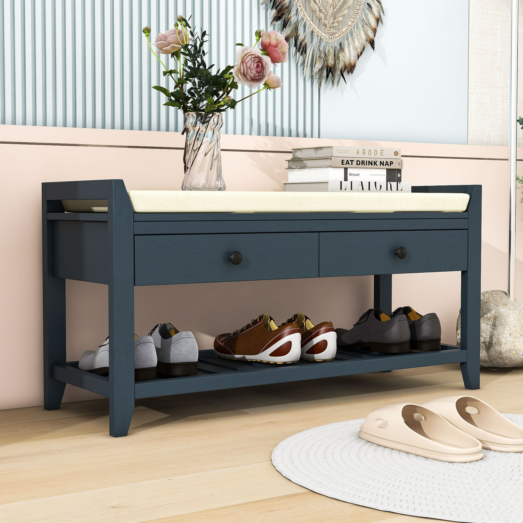 Lark Manor Wood Storage Bench with Cushioned Seat, Dual Drawers and ...