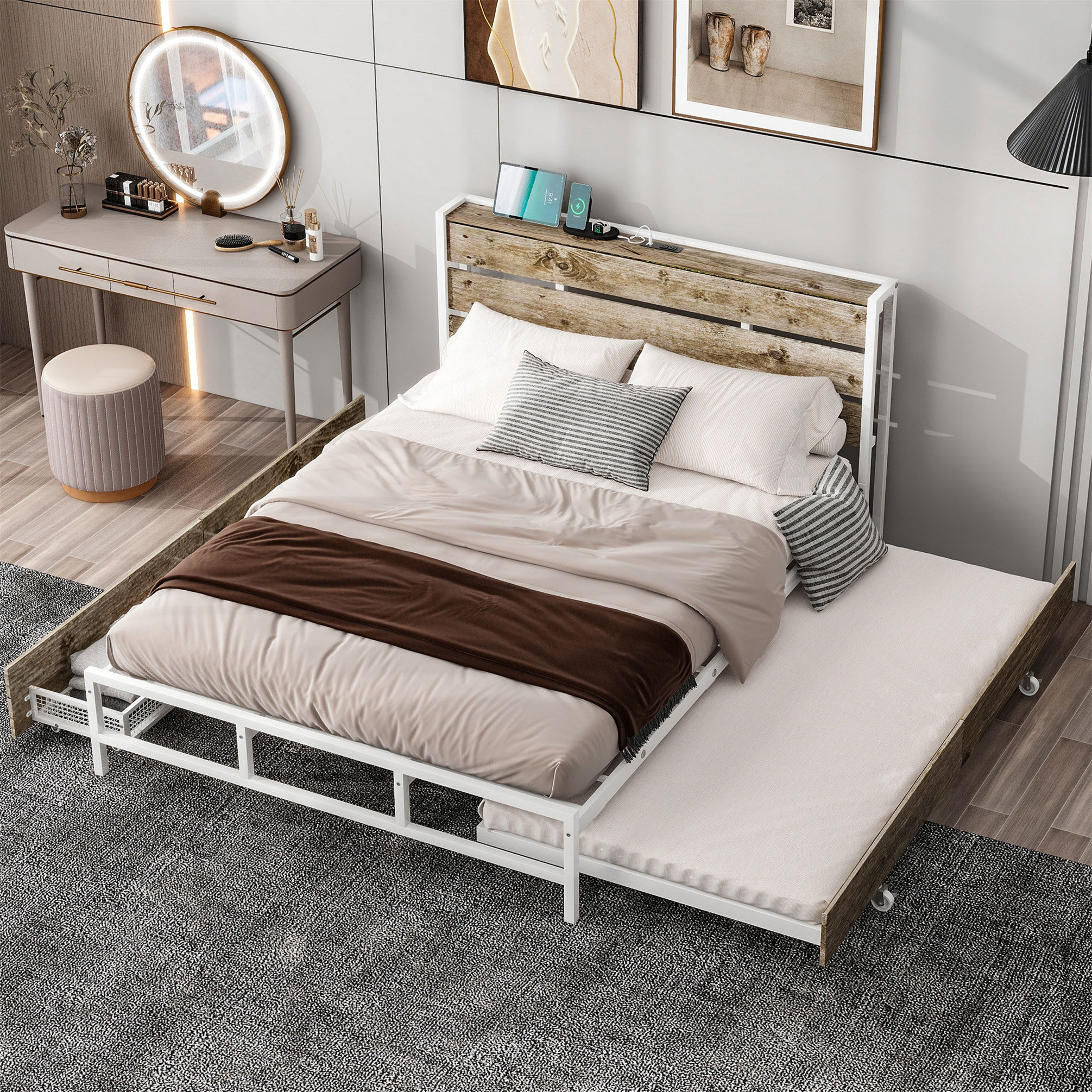 17 Stories Metal Platform Bed With Drawers And Trundle, Sockets And USB ...