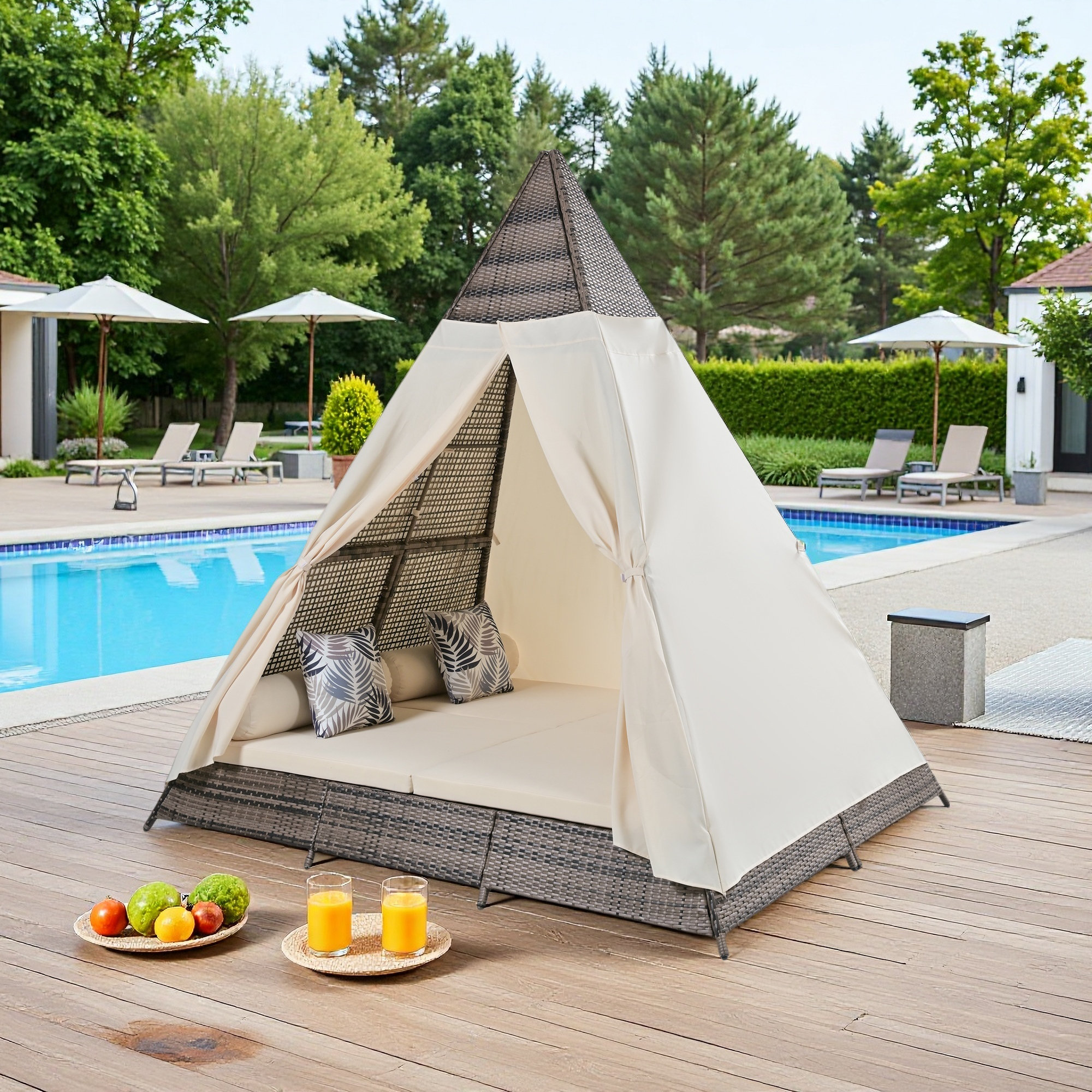 Ebern Designs 90.5" Outdoor Wicker Sunbed With Tent Curtains & Colorful ...