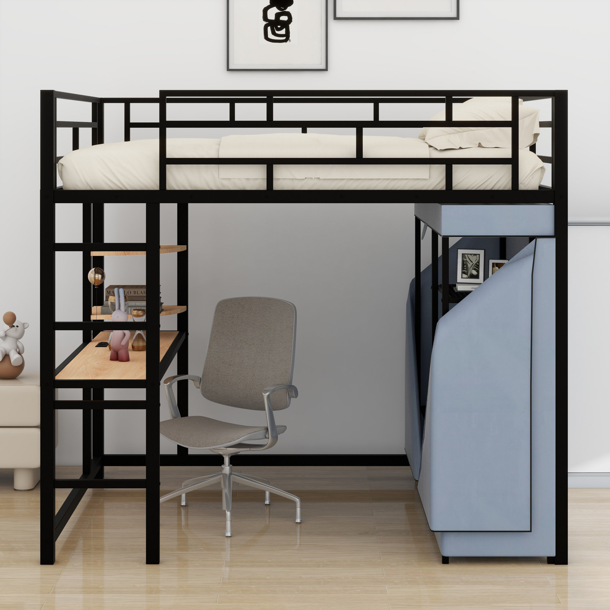 Mason & Marbles Loft Metal Bed With Desk,Shelves,Power Outlet,LED Light ...