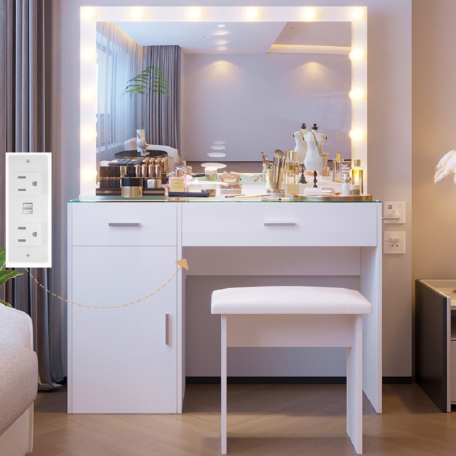 Latitude Run® Vanity with Glass Top, 8 Compartment Drawer & Outlets ...