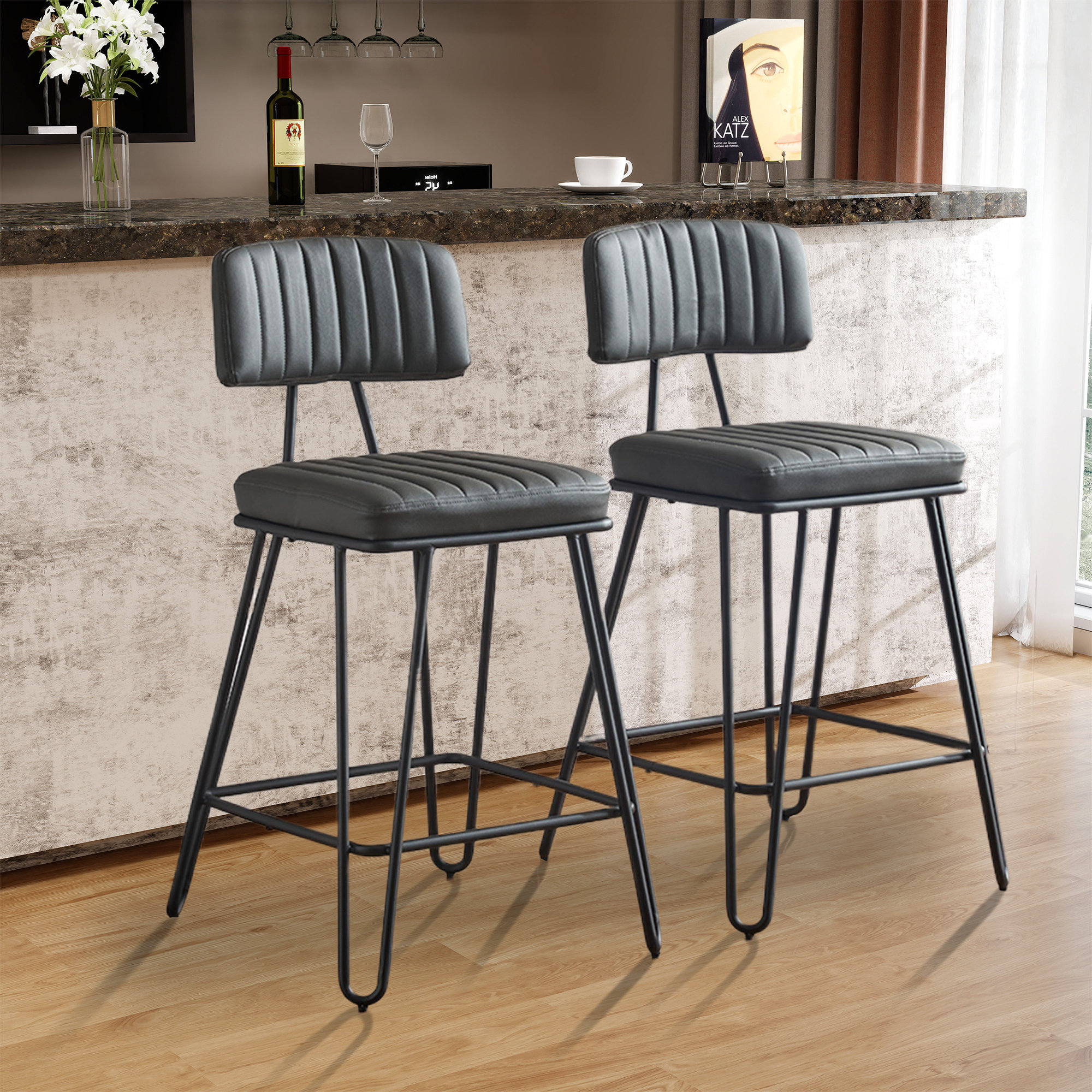 17 Stories Vintage Upholstery Bar Stools,Counter Height Pu Bar Chairs ...