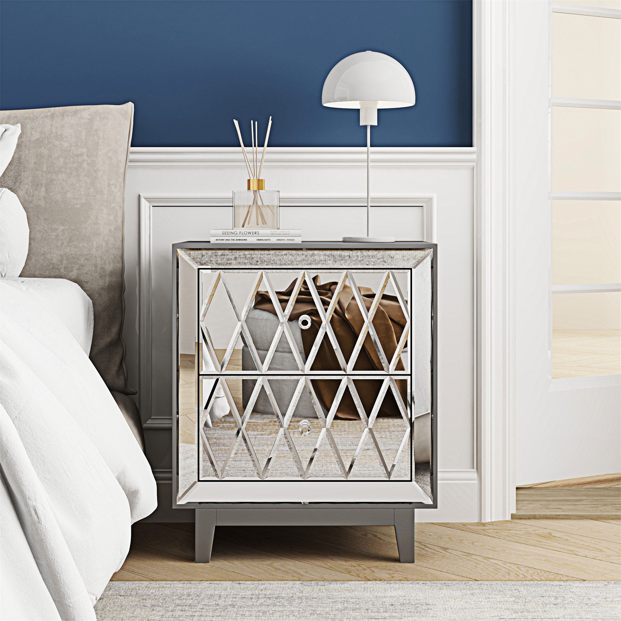 Everly Quinn 22" 2-Drawers Pattern Mirror Glass Nightstand | Wayfair