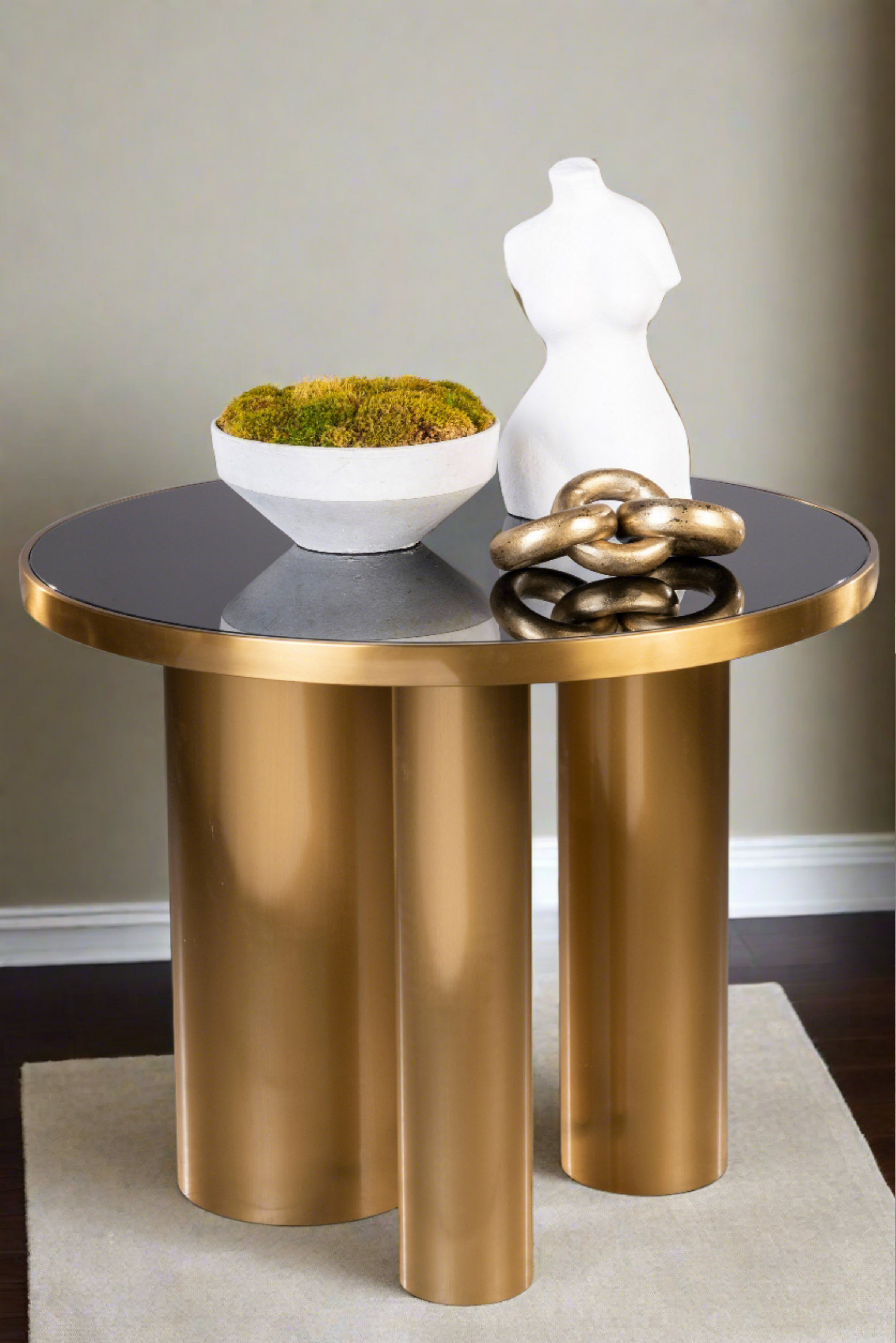 Mercer41 Kyleon 36" Round Wood 3-Leg Accent Table with Gold Finish ...