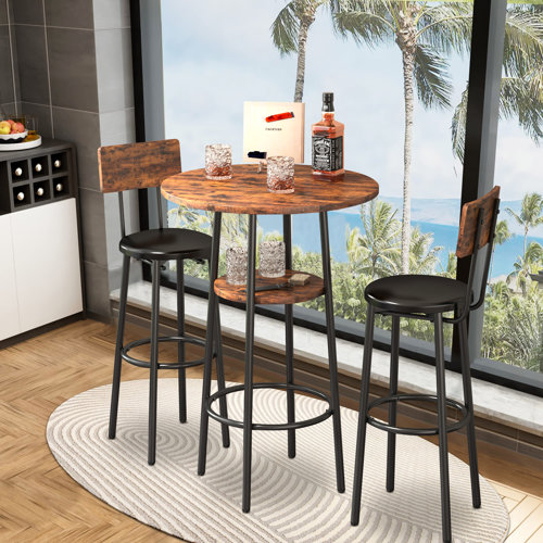 17 Stories 3-Piece Bar Table Set for 2, 2-Tier Round Bistro Dining ...