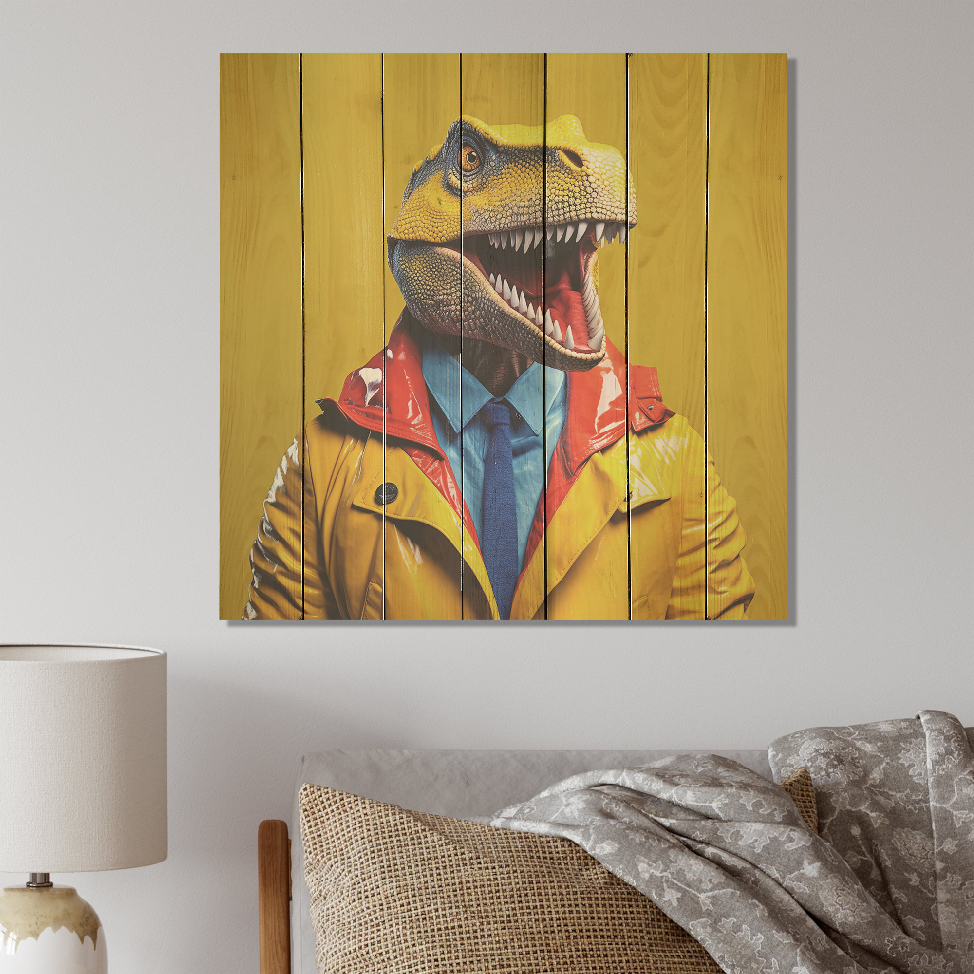 Trinx Yellow And Blue Fashion First Suited Dinosaur - Dinosaur On Wood ...