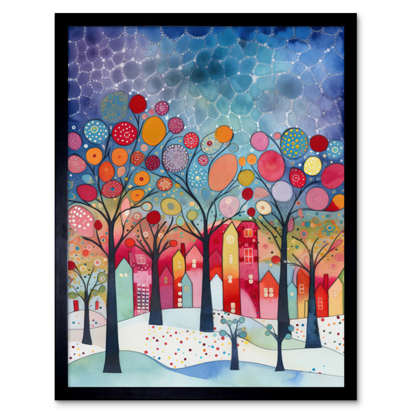 Marlow Home Co. Winter Abstract Village Folk Art Artwork Framed Wall ...