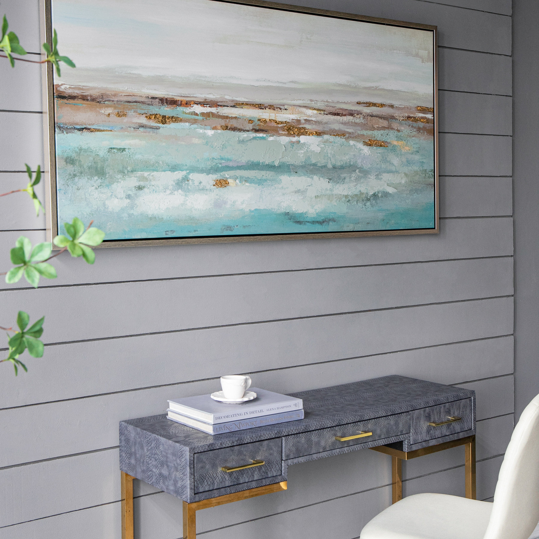 Orren Ellis Framed Landscape Rectangle Blue and Gold Abstract Ocean Oil ...