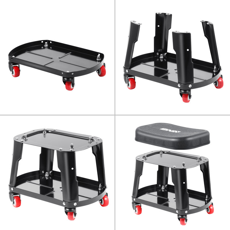 DNA Motoring Removable Rolling Garage Stool With Seat Cushion & Tool ...