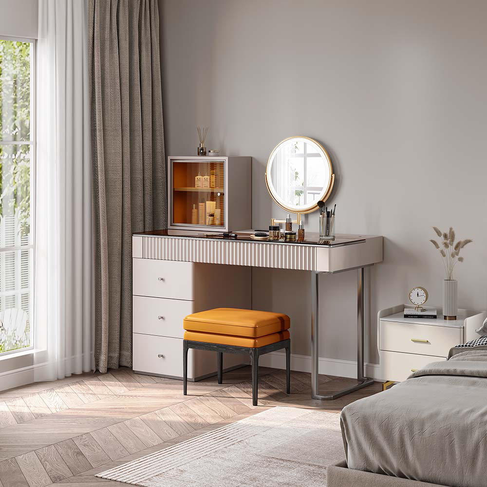 Everly Quinn Wood Makeup Vanity Table Set with LED Lighted Mirror ...