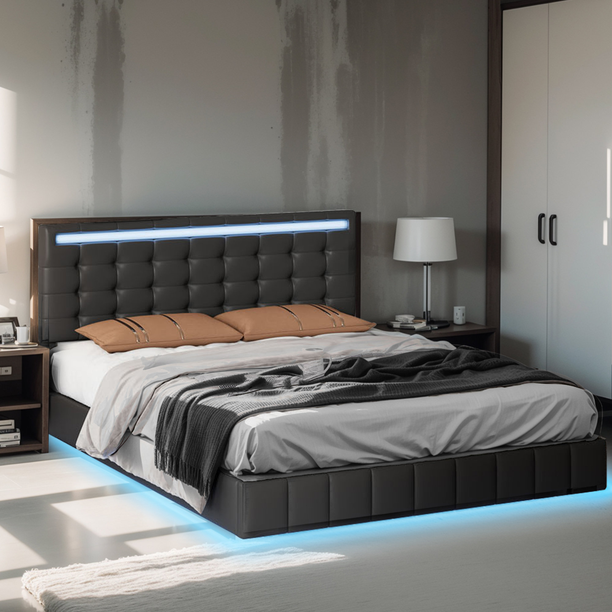 Ivy Bronx LED Full Size Bed Frame - Modern Upholstered Platform, With ...