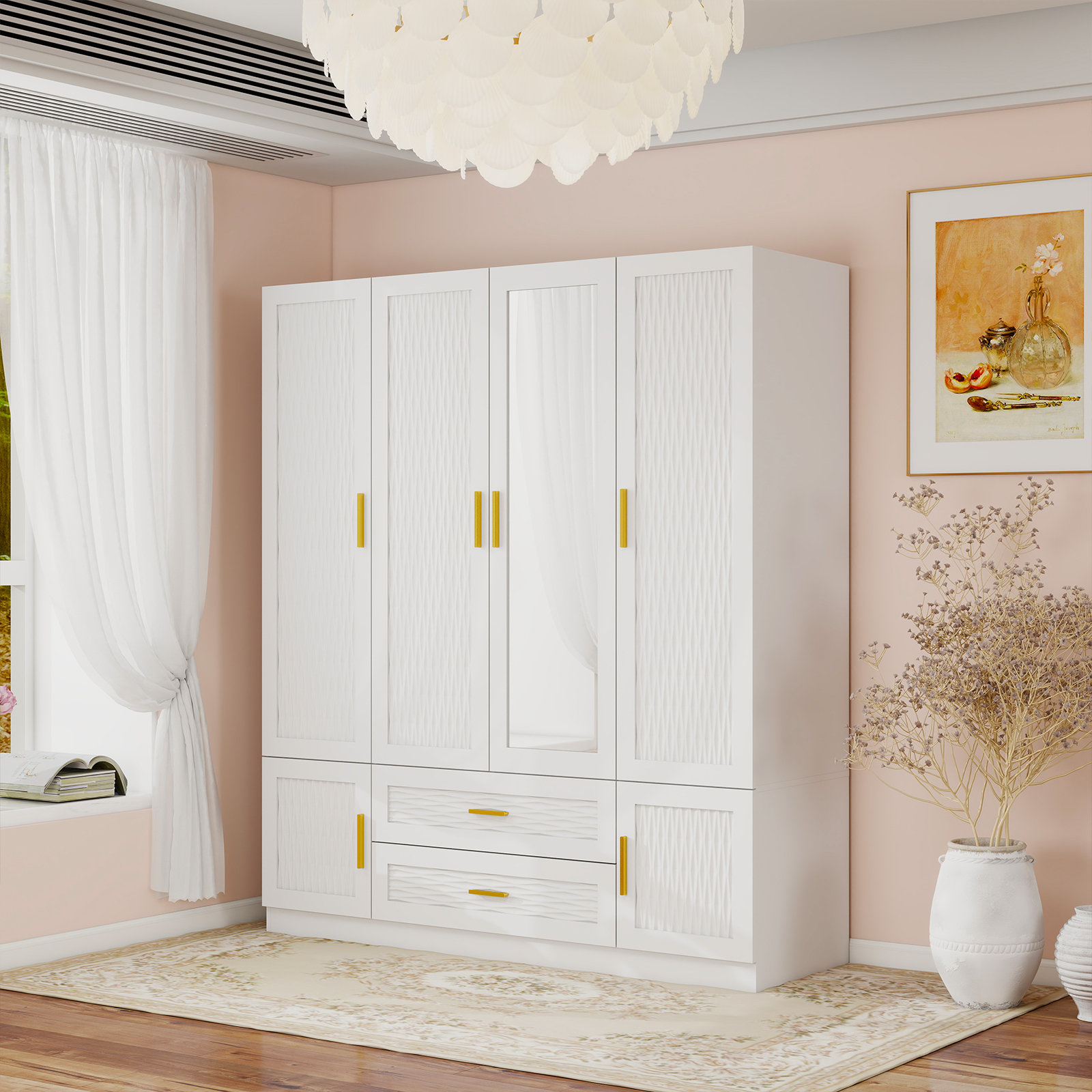 Mercer41 4-Door Armoire Wardrobe with 2 Drawers, Wardrobe Armoire ...