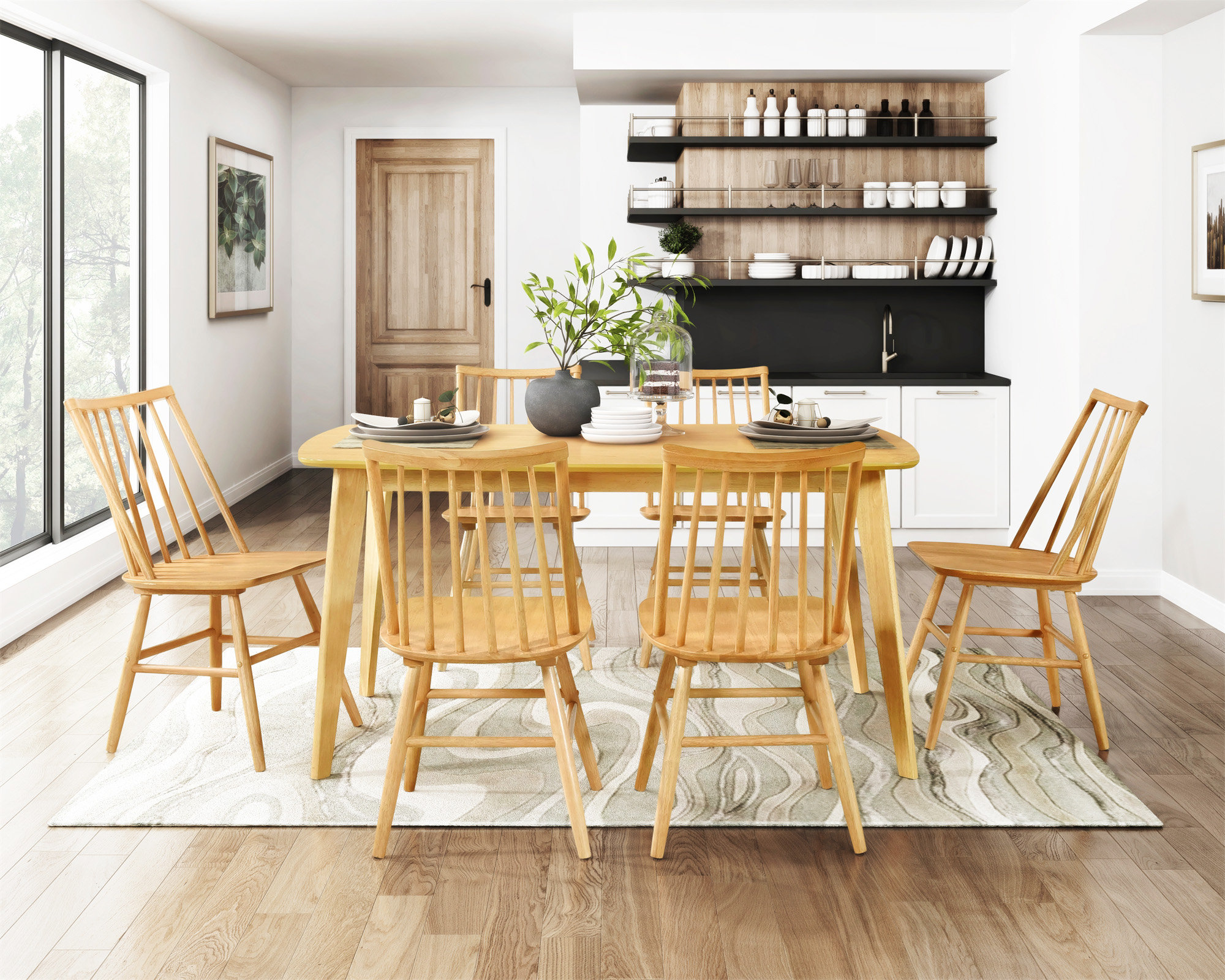 Gracie Oaks Natural Oak Finish Casual Dining 7Pc Set Table And 6 Side ...