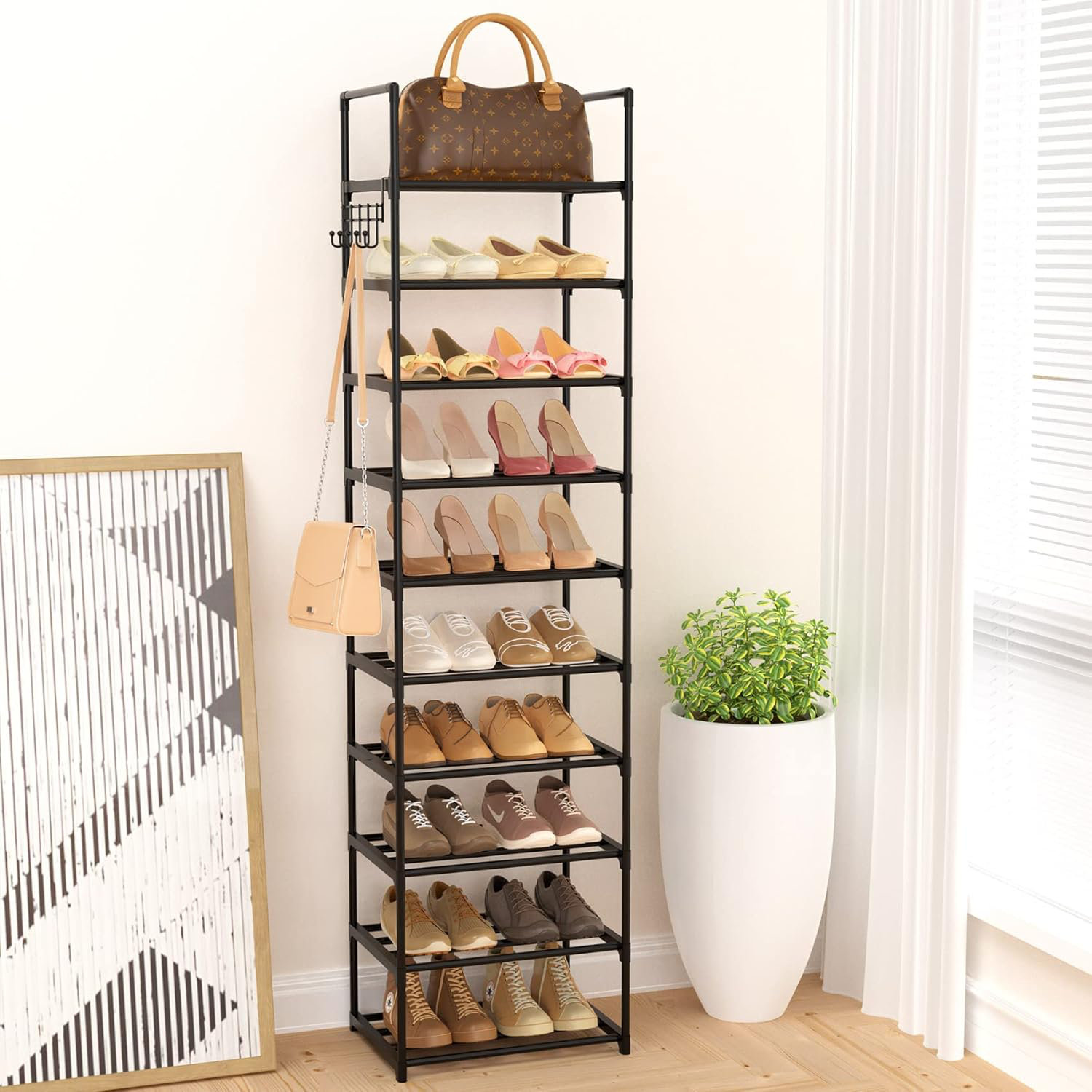 Rebrilliant Narrow Shoe Rack 10 Tiers Tall Shoe Rack ,Durable Black ...
