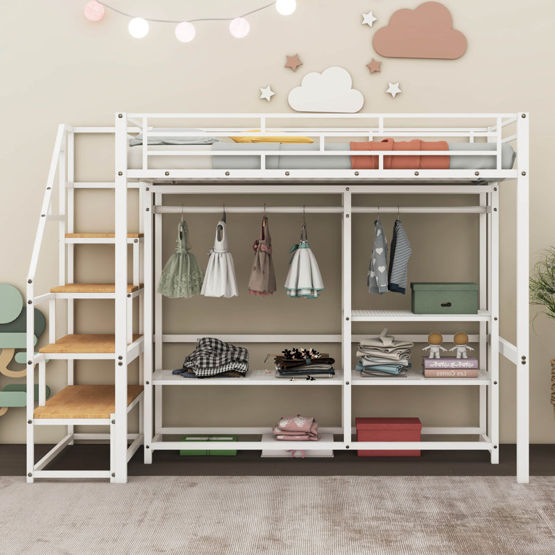 Ling IN Twin Size Metal Loft Bed With Wardrobe And Storage Shelves ...