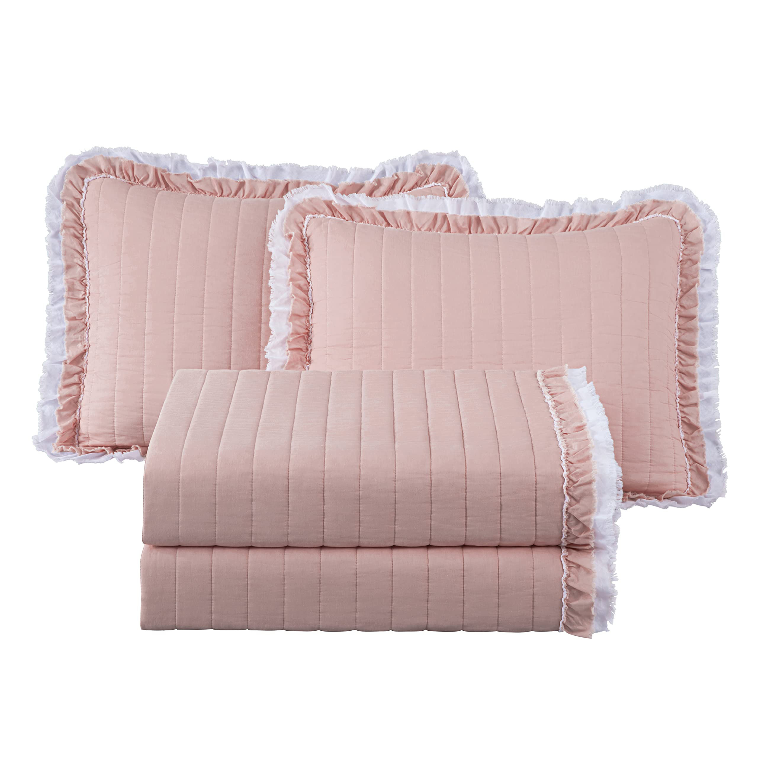 Chezmoi Collection Bonnie Double Frayed Ruffled Edge Cotton Quilt Set ...