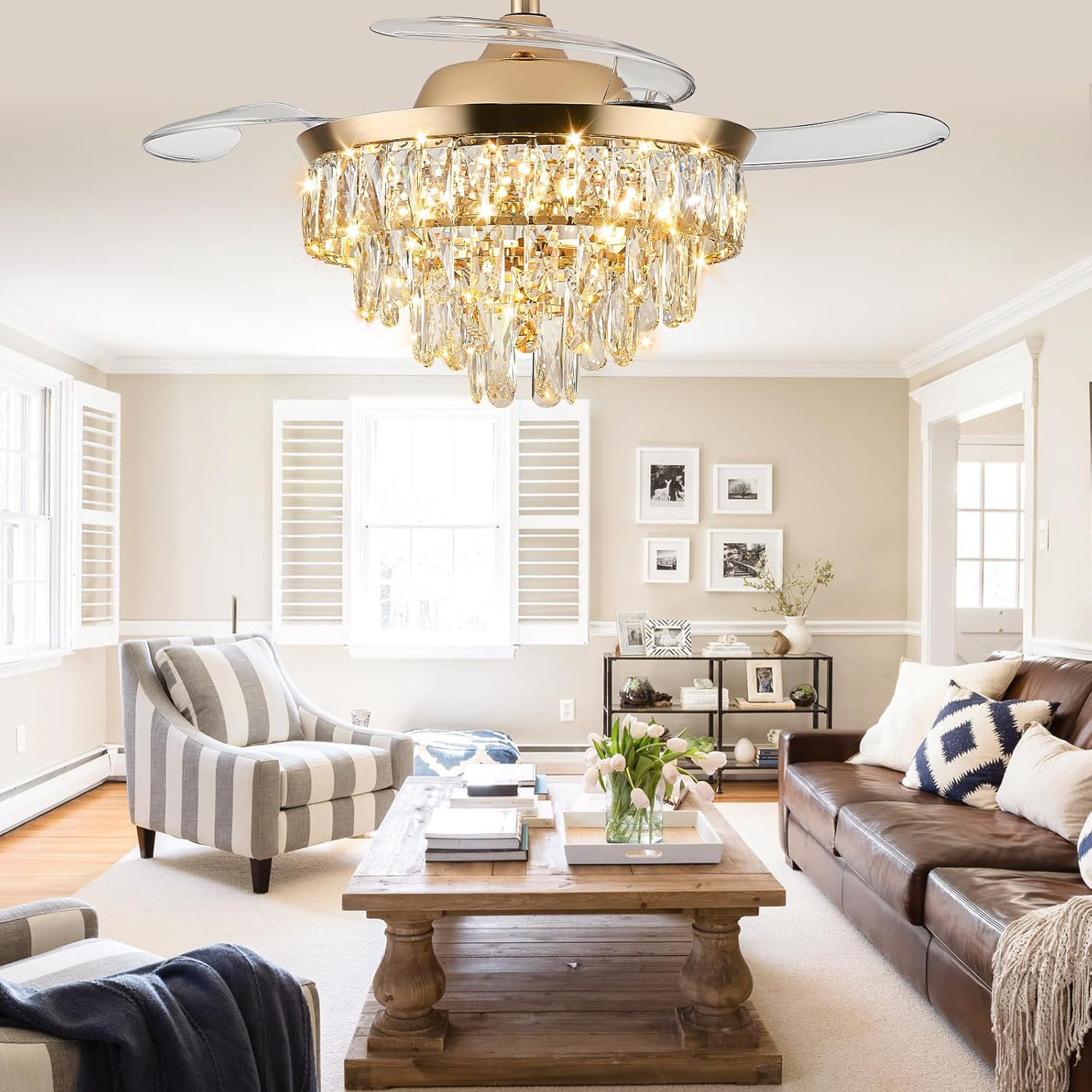 Everly Quinn 36 Inch Modern Crystal Ceiling Fan With Lights And Remote ...