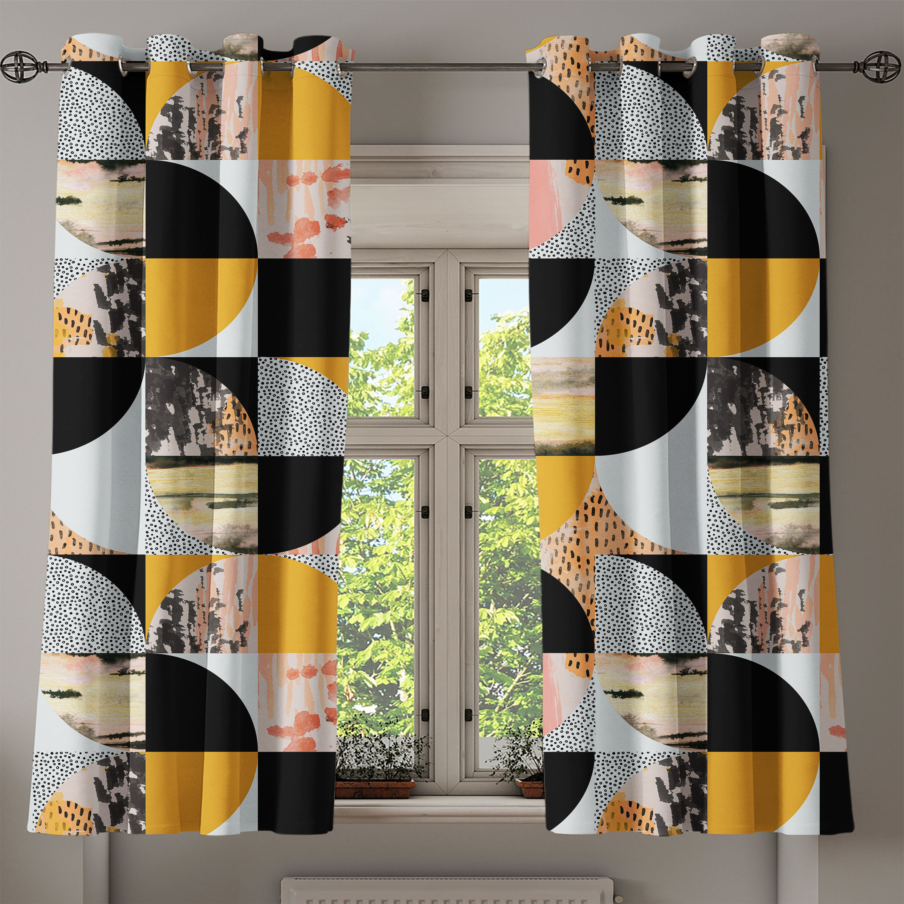 Dakota Fields Retro Grommet Curtain Quarter Circles Abstract Art 50" x ...