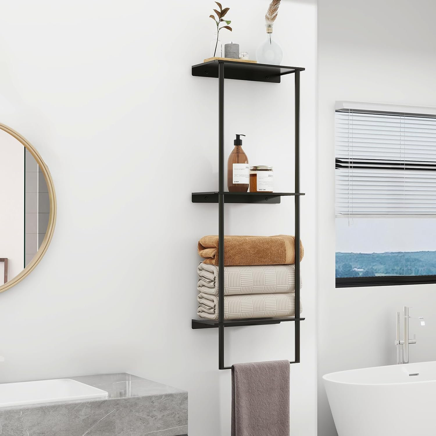 AZOPIR 3 Tier Towel Rack With Shelf And Towel Bar Wall Mounted Towel ...