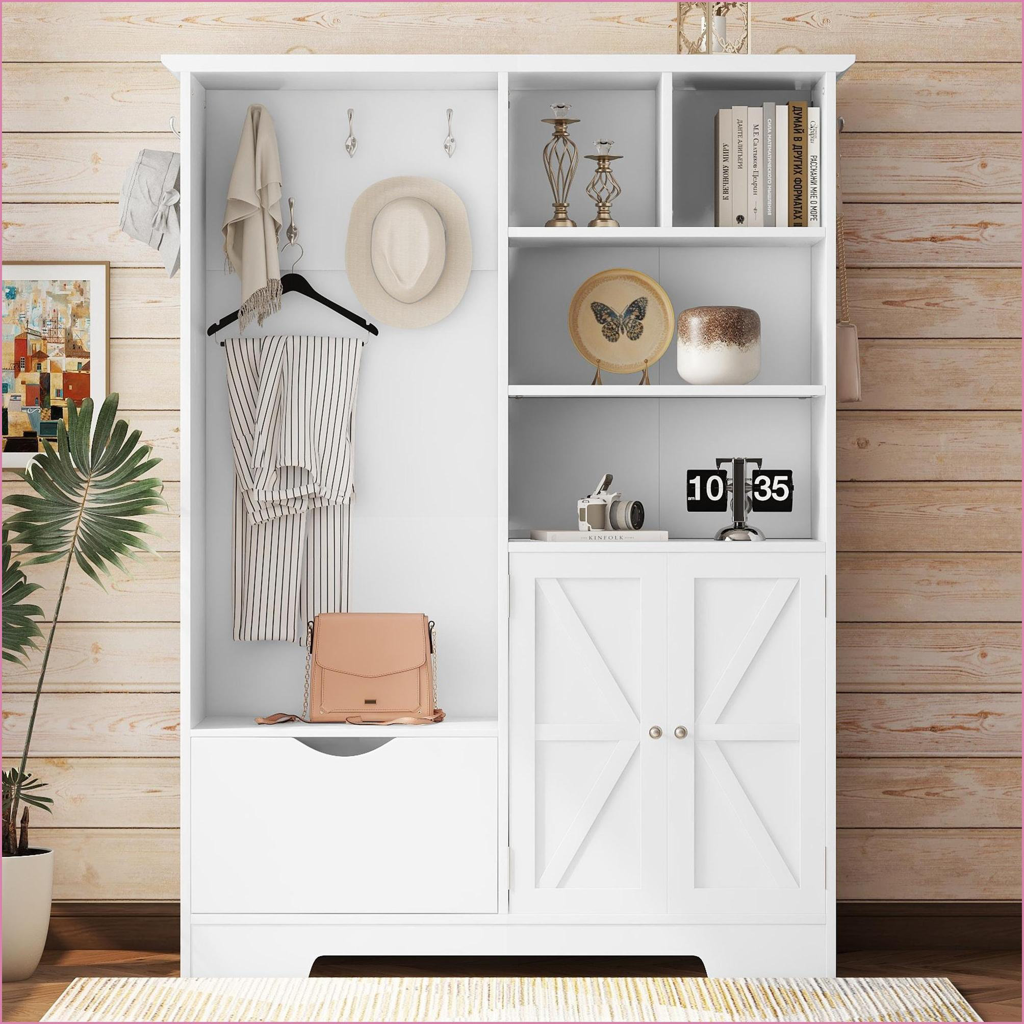 NFusion Hall Tree Modern White with Storage Bench, Cabinet, Shelves ...