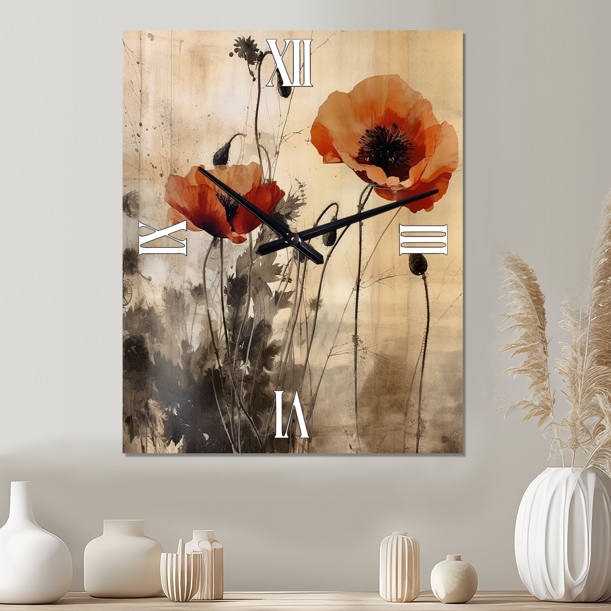 Design Art Vintage Beige Poppies II - Floral Metal Wall Clock | Wayfair