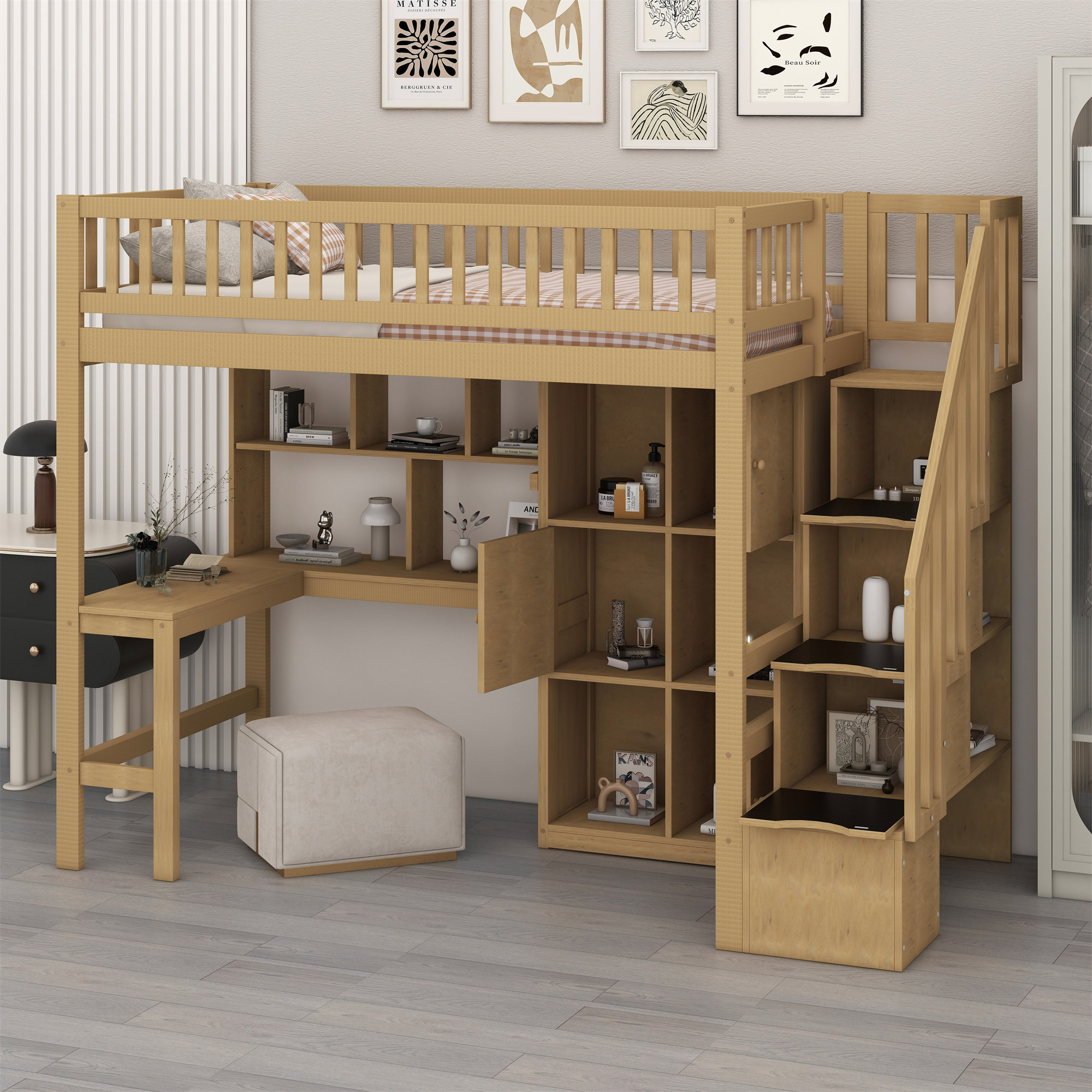 Latitude Run® Wood Loft Bed With Built-In Desk, LED, Storage Shelves ...