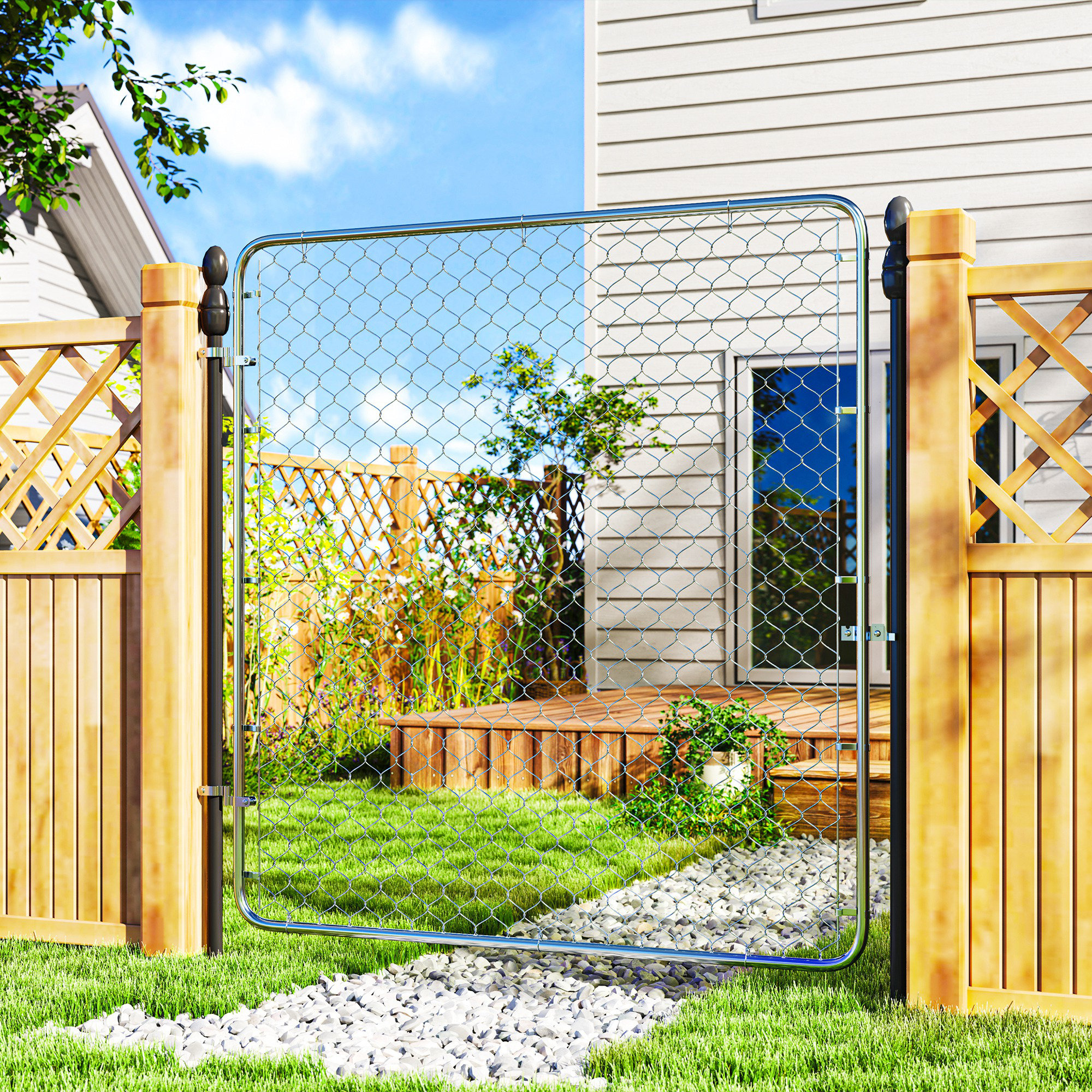 Outsunny Garden Gate Chain Link Fence Gate, Galvanized Steel Garden ...
