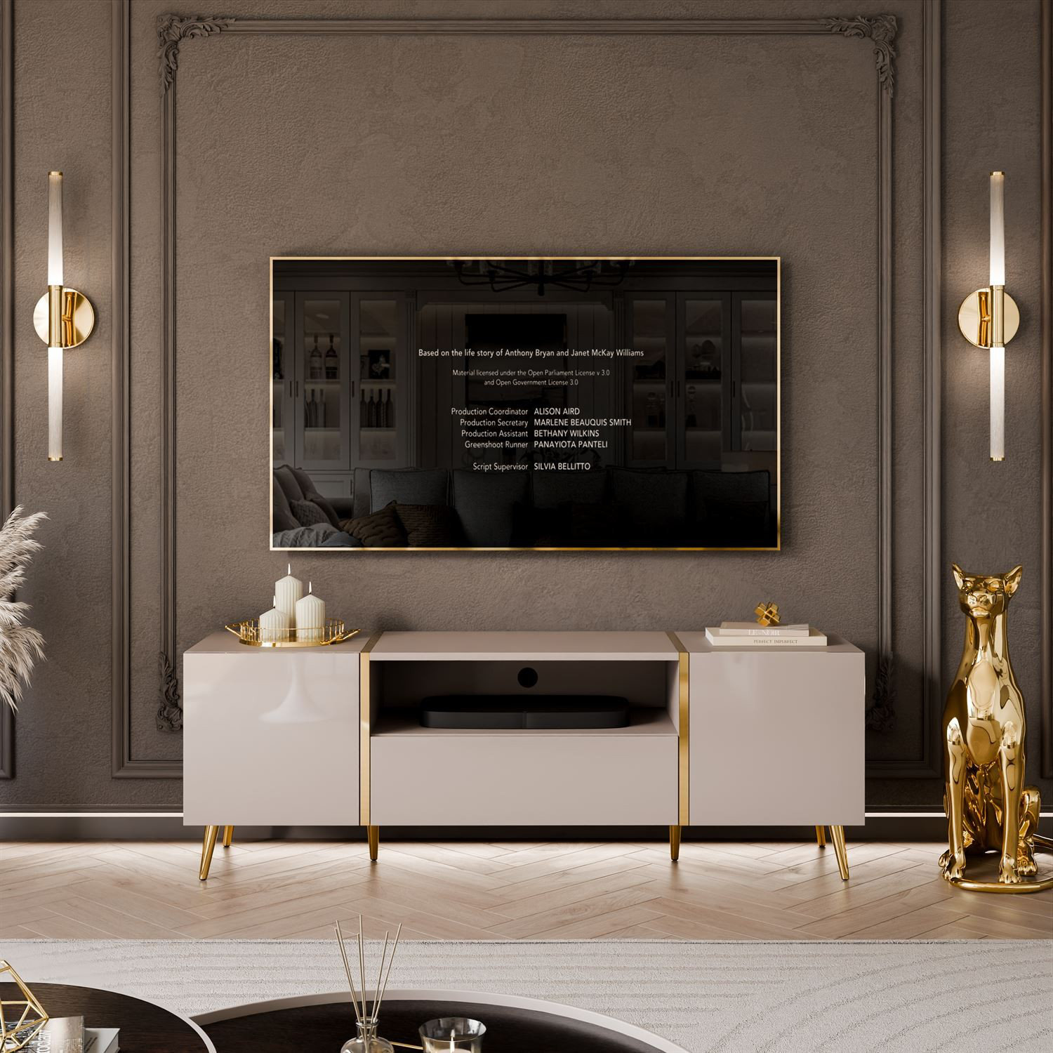 Fairmont Park ONYX TV Unit 158 cm Cashmere High Gloss with Gold Legs ...