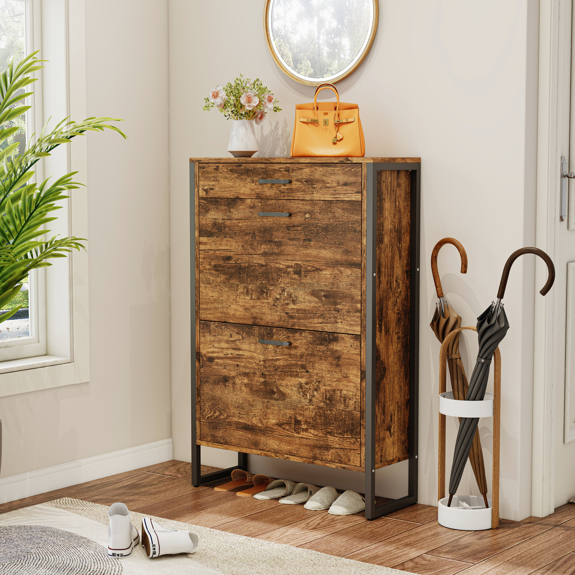 17 Stories 2 Flip Drawers & 1 Drawer Rustic Brown Shoe Rack, For ...