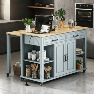 Winston Porter Blue Kitchen And Dining Island, Rubberwood Extendable ...