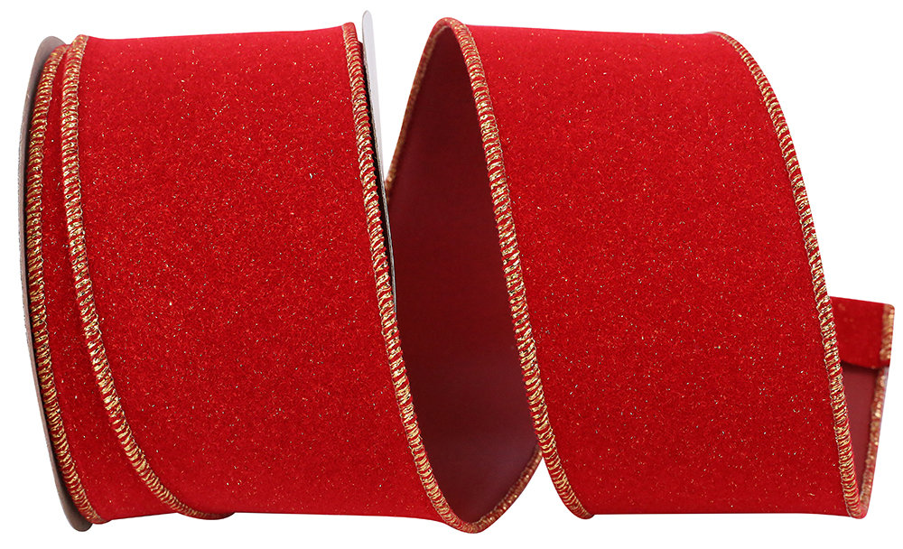 The Holiday Aisle® 2-1/2"x10yd Scarlet Velorene Sparkle Wired Edge Pr ...