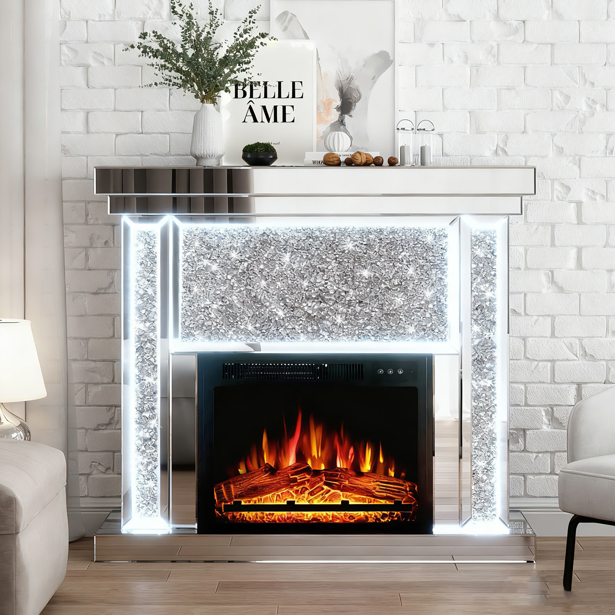 Everly Quinn Electric Fireplace with Sparkling Crushed Diamond & LED ...