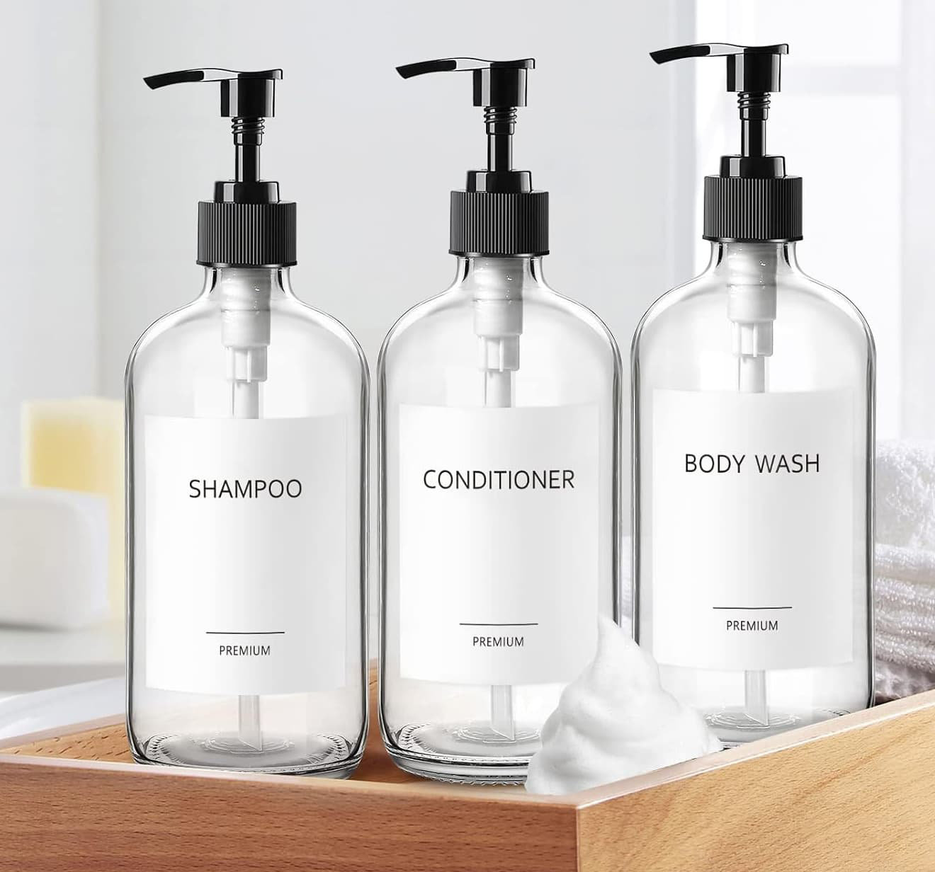 Rebrilliant Glass Shampoo & Conditioner Dispenser Set: Refillable ...