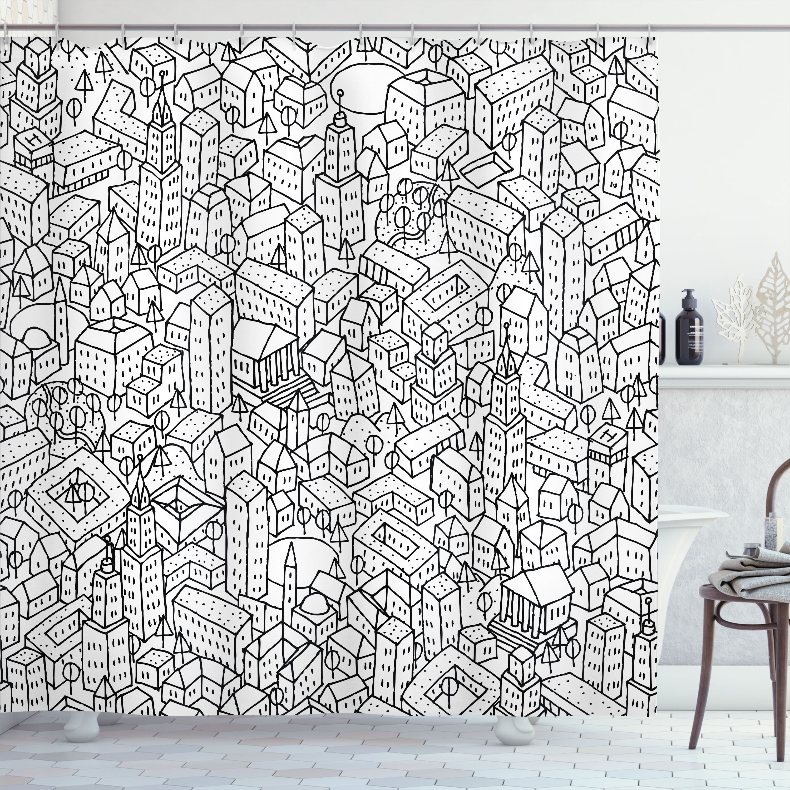 East Urban Home City Shower Curtain Crowded Urban Life White and Black ...