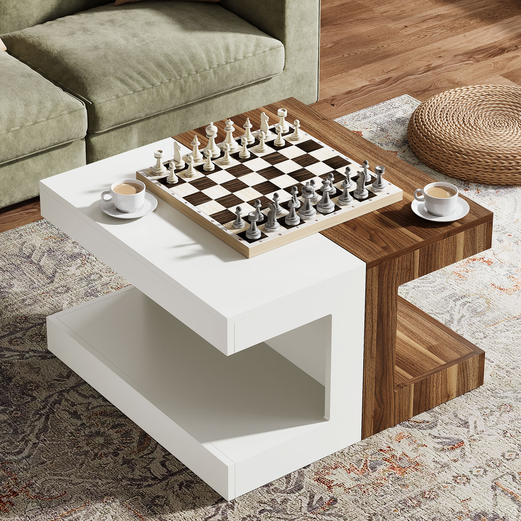 Ebern Designs Square Coffee Table, 2-Tier Vintage Center Table for ...