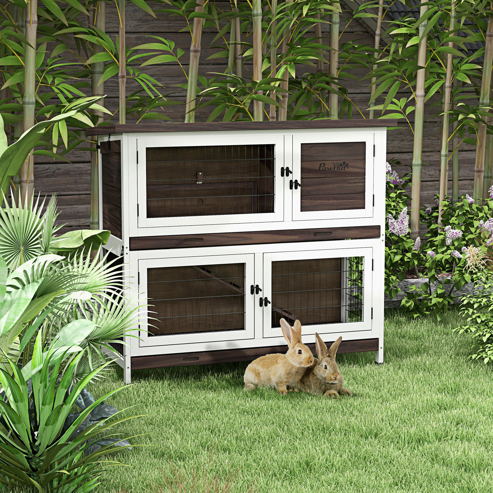 One Allium Way Easy Assemble Two-tier Wooden Rabbit Hutch Outdoor ...