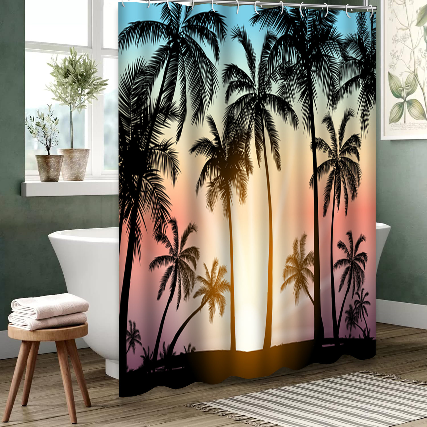Bay Isle Home™ Ocean Palm Trees Shower Curtain with Hooks Included ...