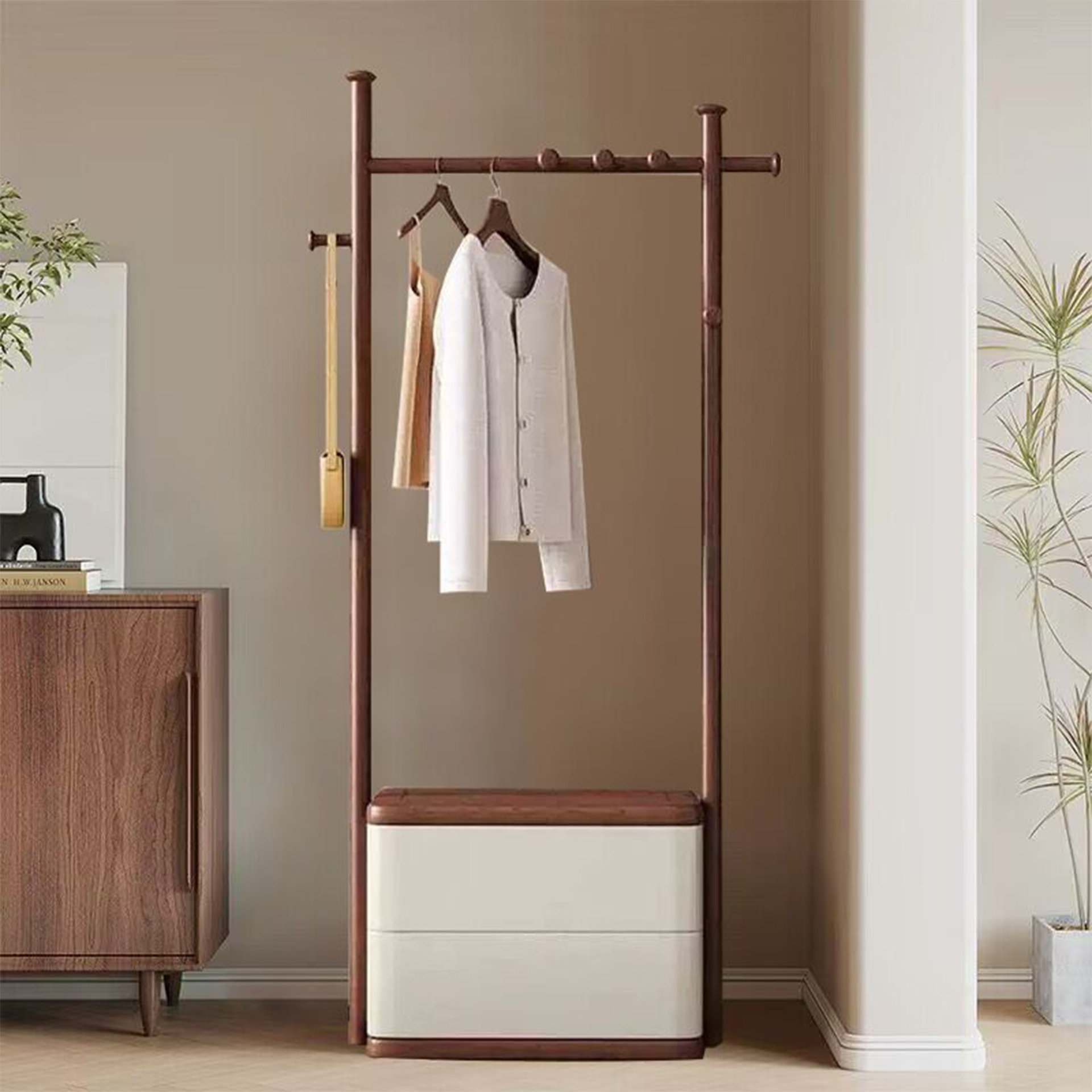 Brass Foam Minimalism Solid Wood Clothes Rack With 2 Drawer | Wayfair