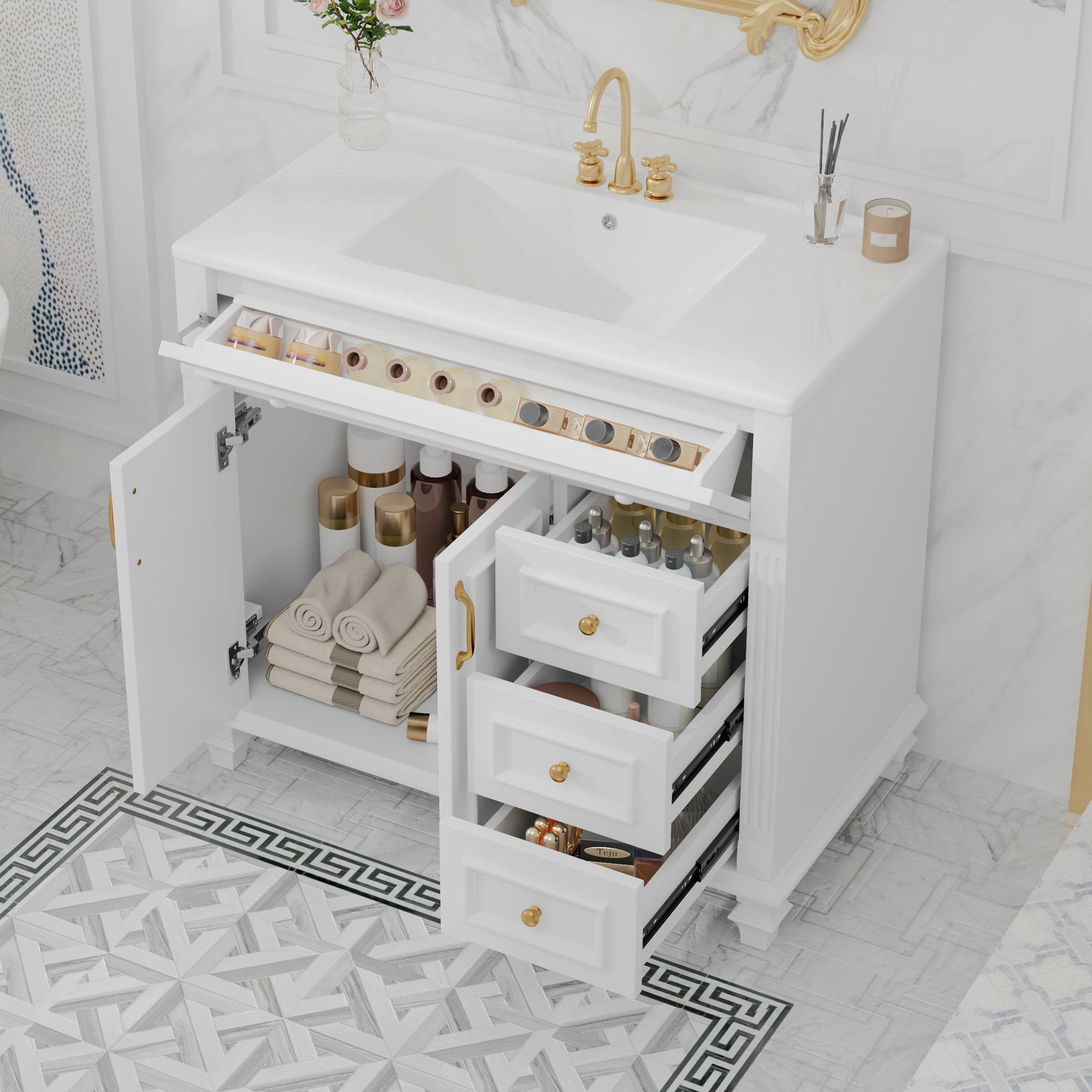 Ebern Designs 36"L Bathroom Vanity With Ceramic Sink, Freestanding ...