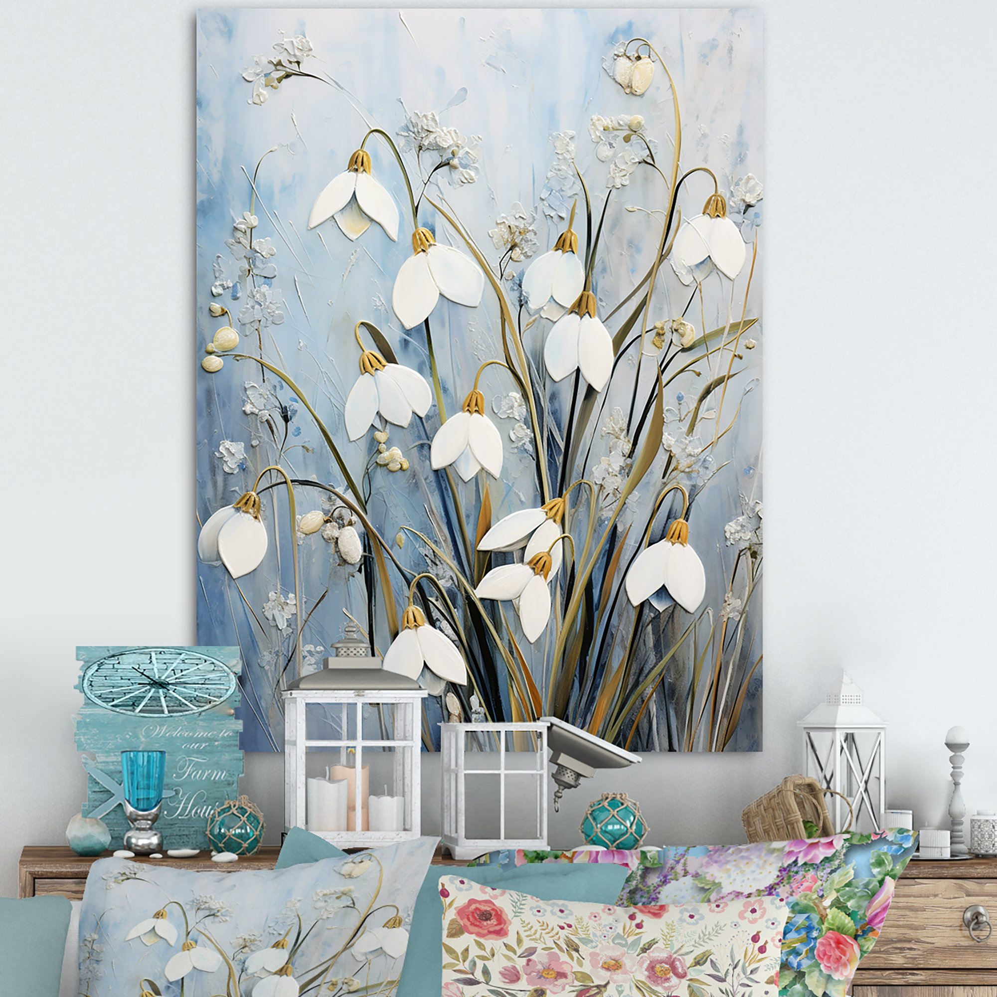 Design Art Minimalism Blue And White Snowdrops Harmony On Canvas Print ...