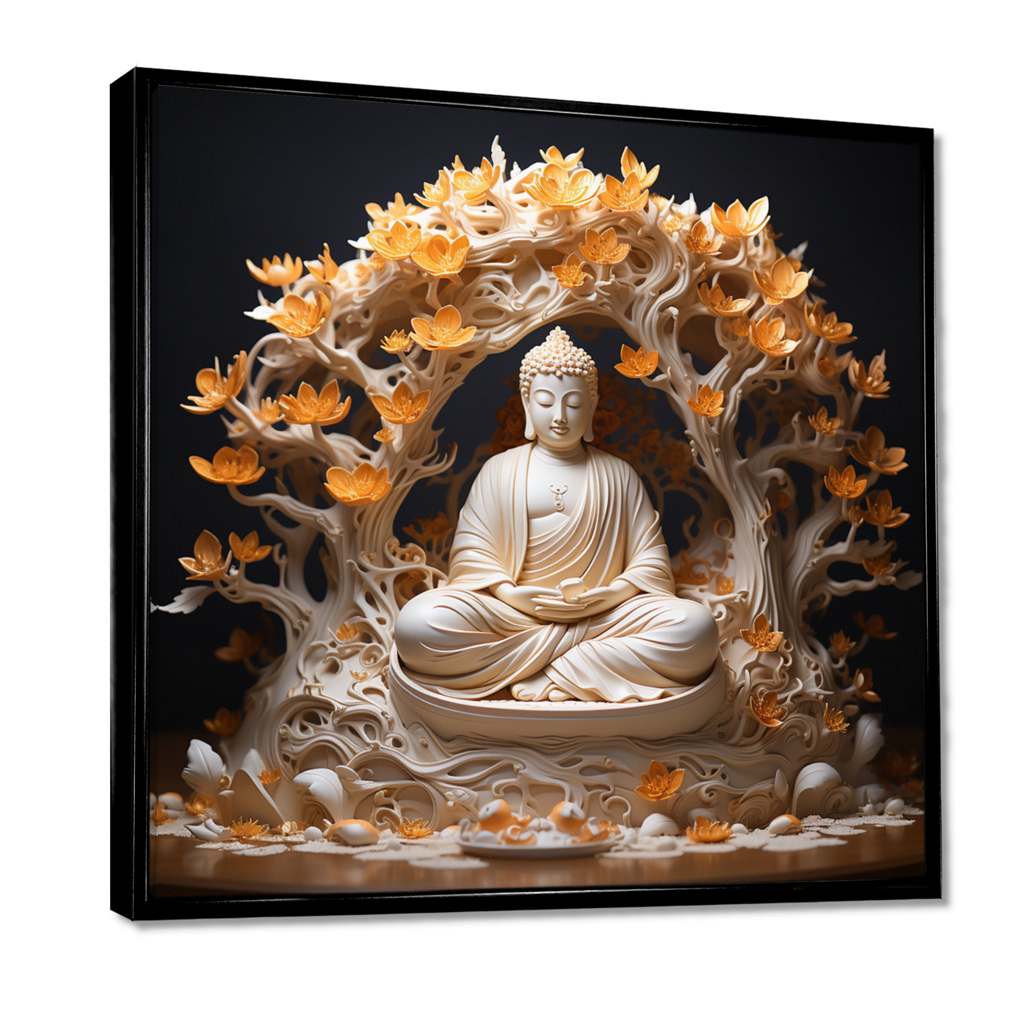 Design Art White Buddha In Orange Blossoming Tree - Buddhism Framed ...