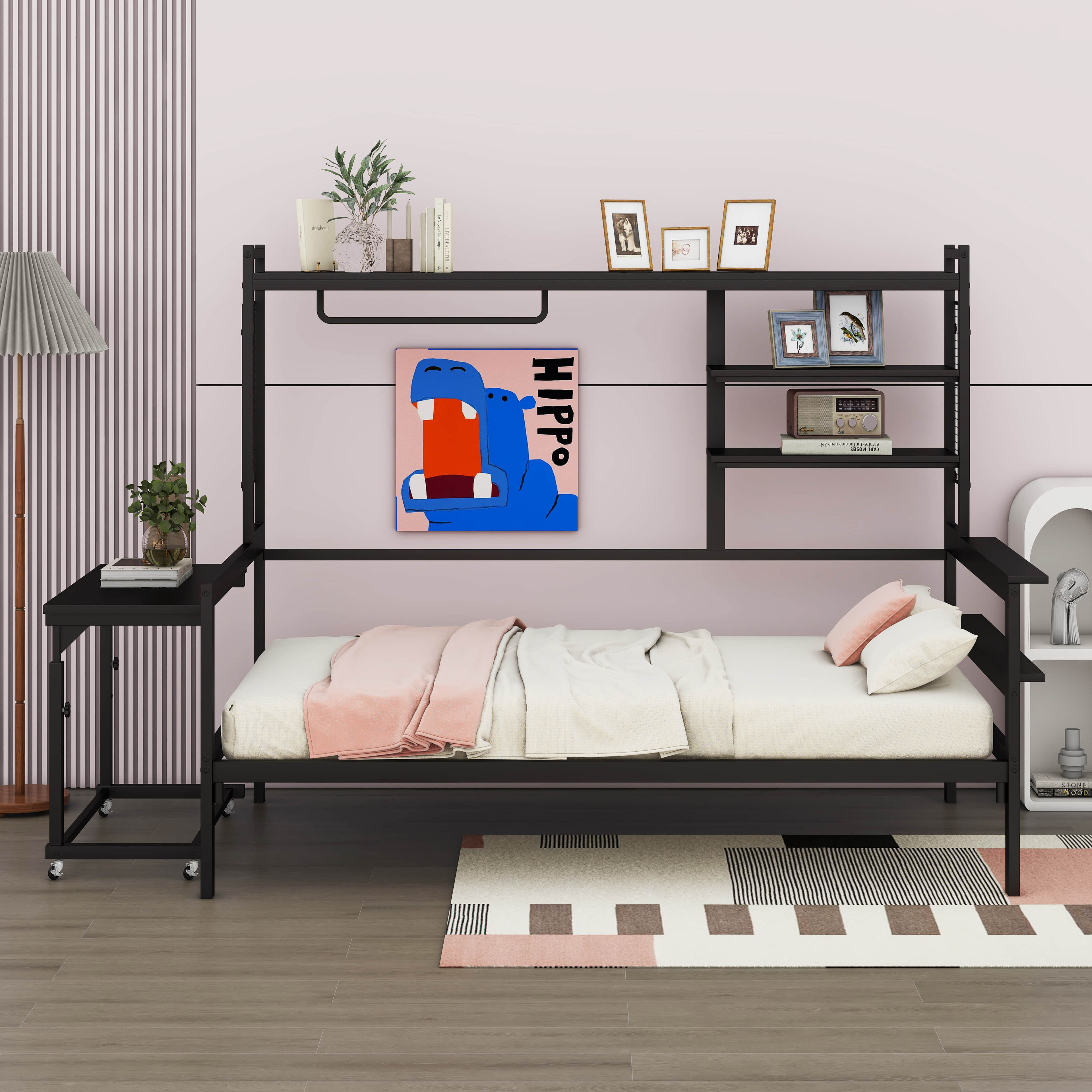 17 Stories Multi-Functional Metal Bed Frame With Movable Desk, Shelves ...
