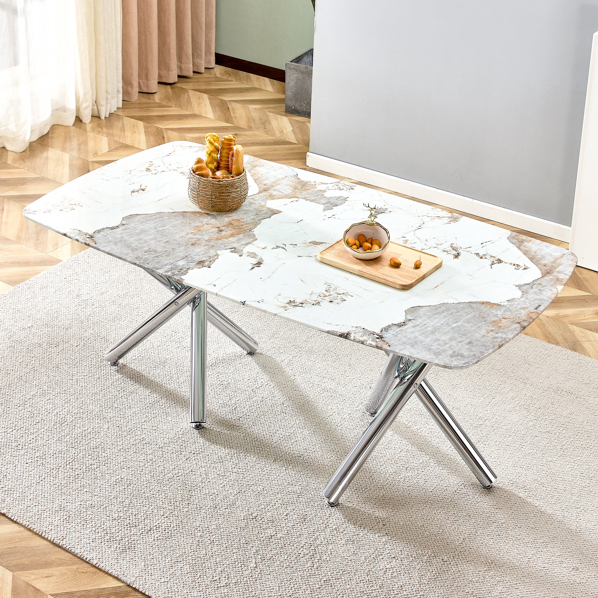 Ebullient 71" Round Rectangular Marble Top Dining Table with Chrome ...