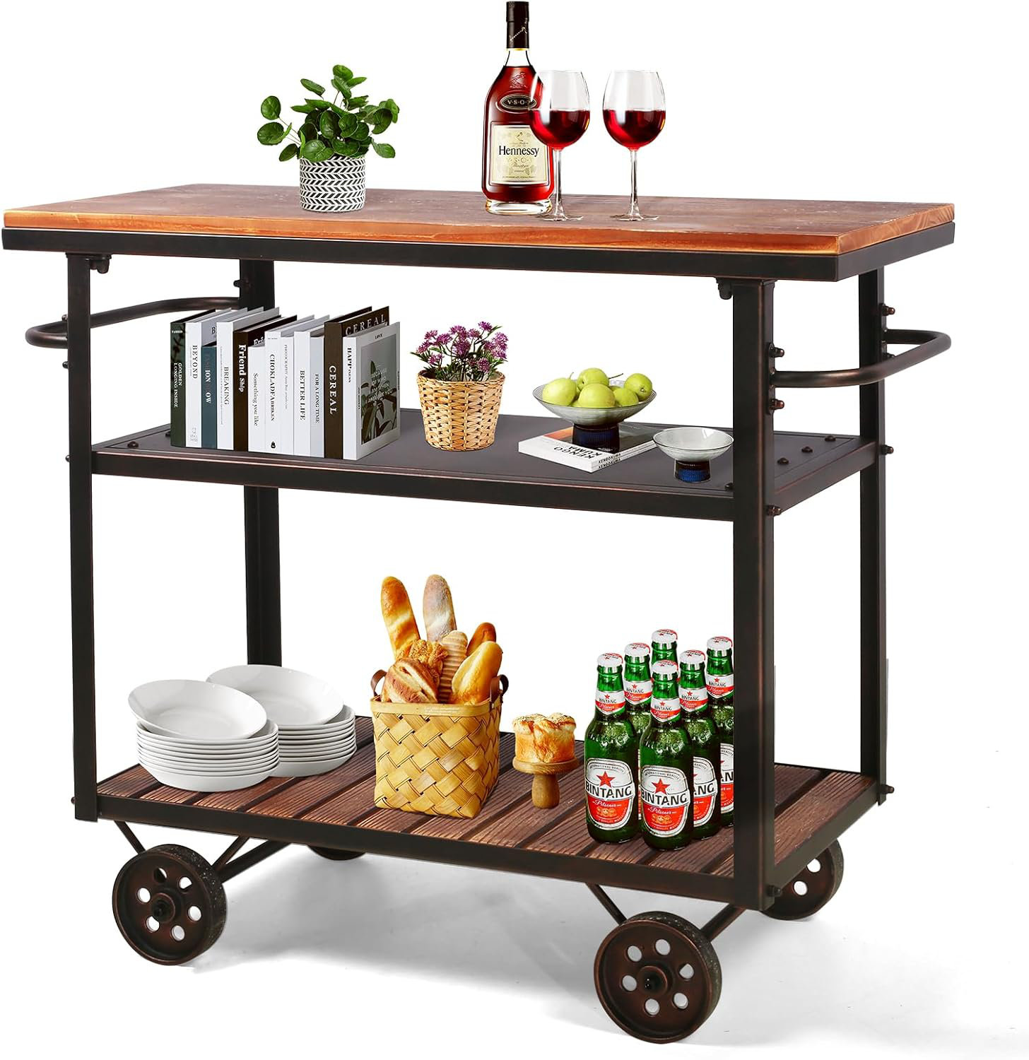 17 Stories Industrial Farmhouse Rolling Cart: 3-Tier Vintage Wood ...