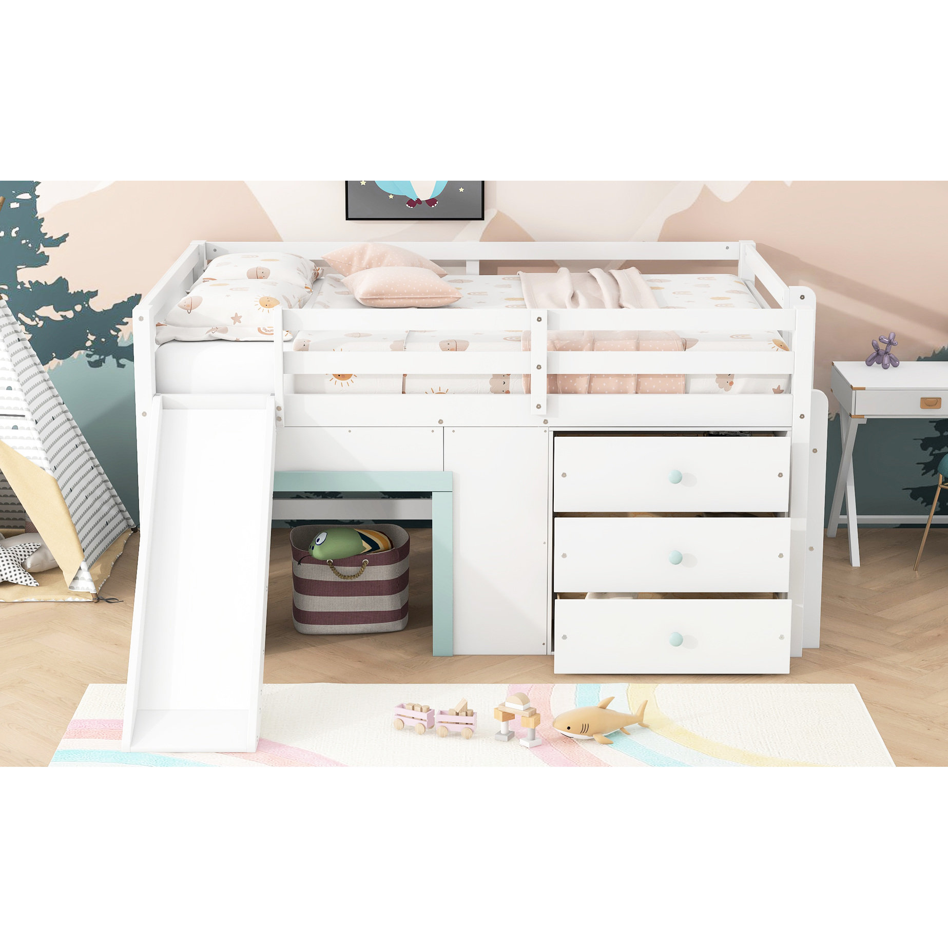 Alwyn Home Full Size Low Loft Bed With Slide And Three Storage Drawers ...