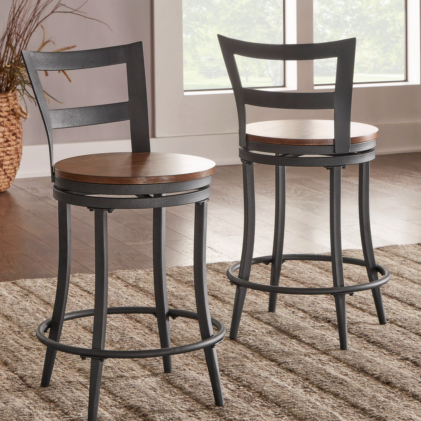 17 Stories 2Pc Industrial Style Swivel Seat Counter Height Chairs ...