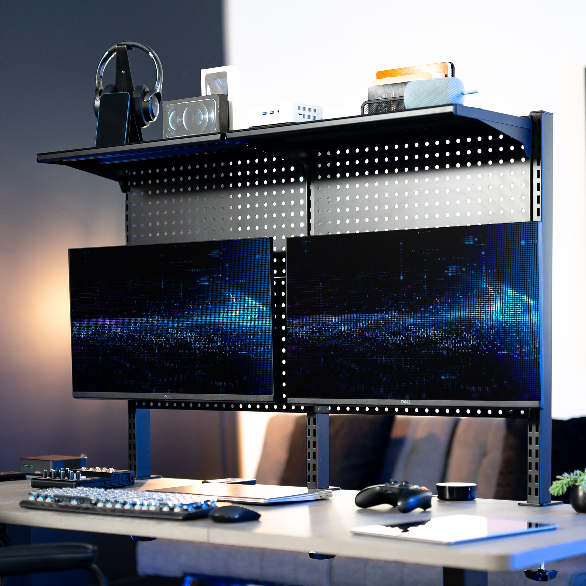 Vivo Black Steel Clamp-On 47" Pegboard With Monitor Mounts & Overhead ...