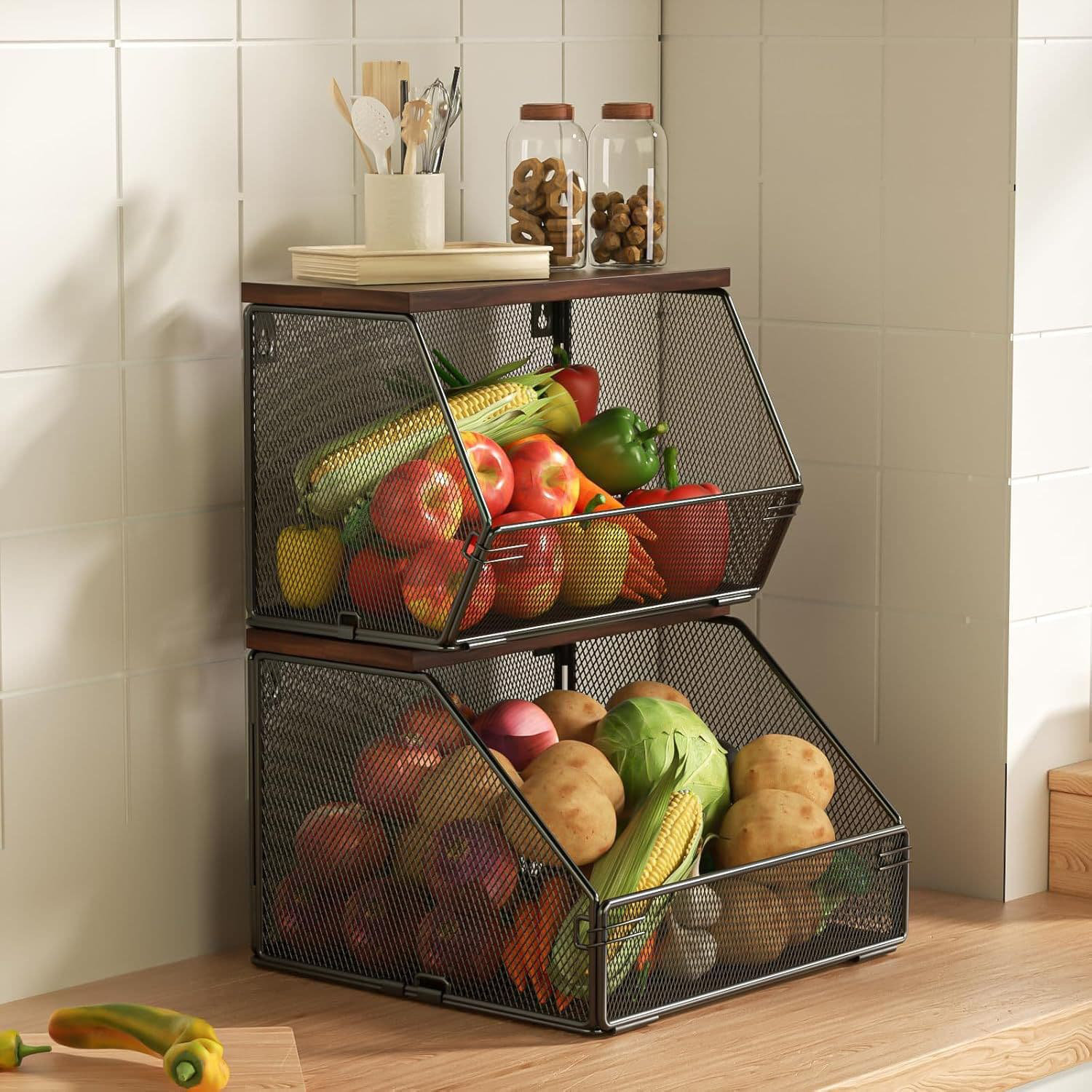 17 Stories Stackable Wire Fruit Baskets with Wood Lid | Wayfair