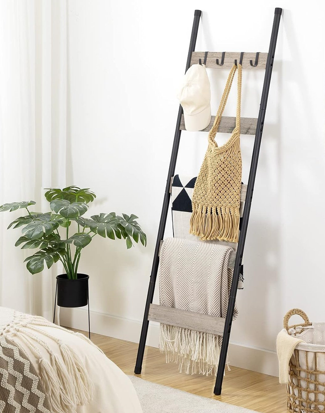 Hokku Designs The Blanket Ladder, 5-Tier Towel Rack with Hooks, Wall ...
